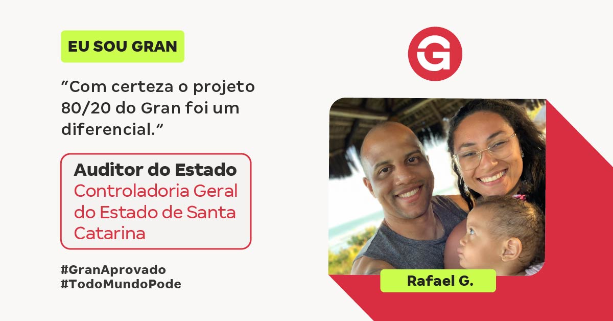 Aluno do Gran, Rafael G. foi aprovado em 13° lugar na CGE SC